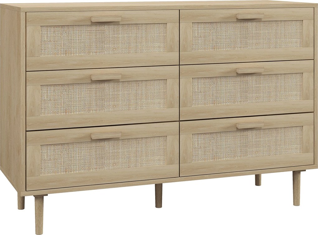 HOMCOM Skříňka s 6 zásuvkami a ratanovým předním panelem, rozměry 110 Š x 40 H x 75 V cm, vzhled světlého dřeva | Aosom