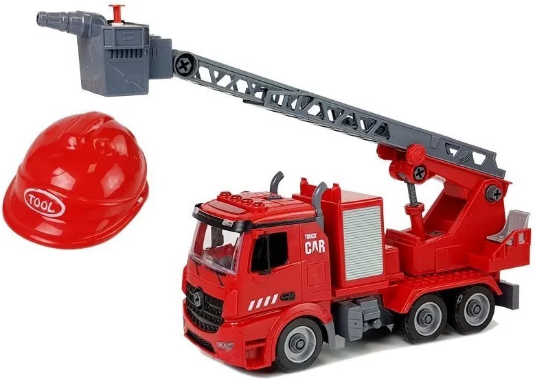 LEAN Toys Stavebnicová sada „Hasičské auto 2 v 1“ – vyměnitelné zdviže, šroubovák, zvuky, světelné efekty, přilba