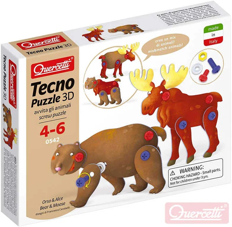 QUERCETTI Tecno Puzzle pohyblivé 3D medvěd + los 26 dílků STAVEBNICE 0542