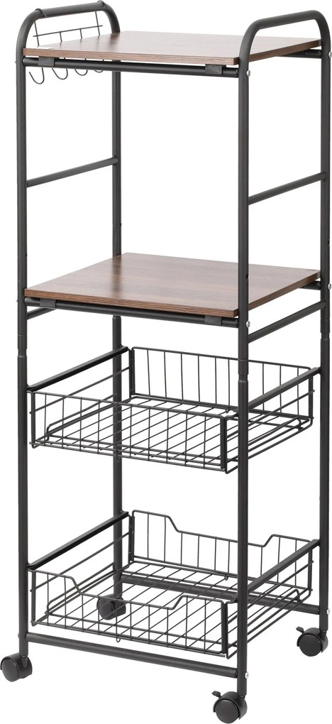 HOMCOM Kuchyňský vozík s kolečky, 2 regály, 2 odnímatelné košíky a 4 háčky pro jídelnu a koupelnu 40x38x111 cm Ořechová a černá | Aosom
