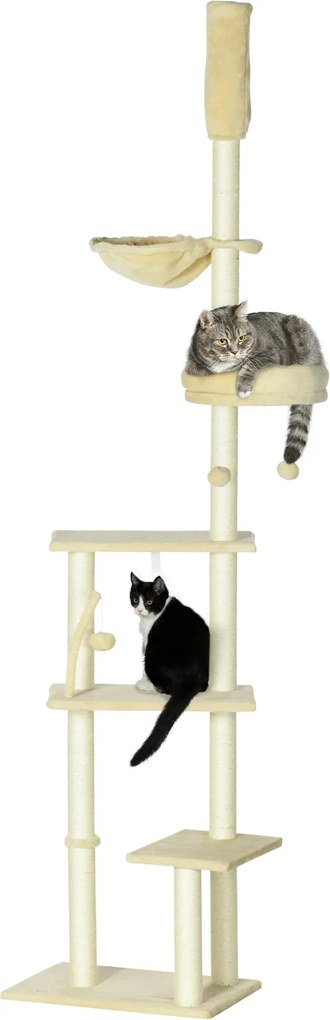 PawHut Podlaha ke Stropu 230-250 cm Kočičí Strom Škrábací Sloup pro Kočky s Nastavitelnou Výškou, Více Platforem, Košíky, Houpací Síť a Visící Míčky B