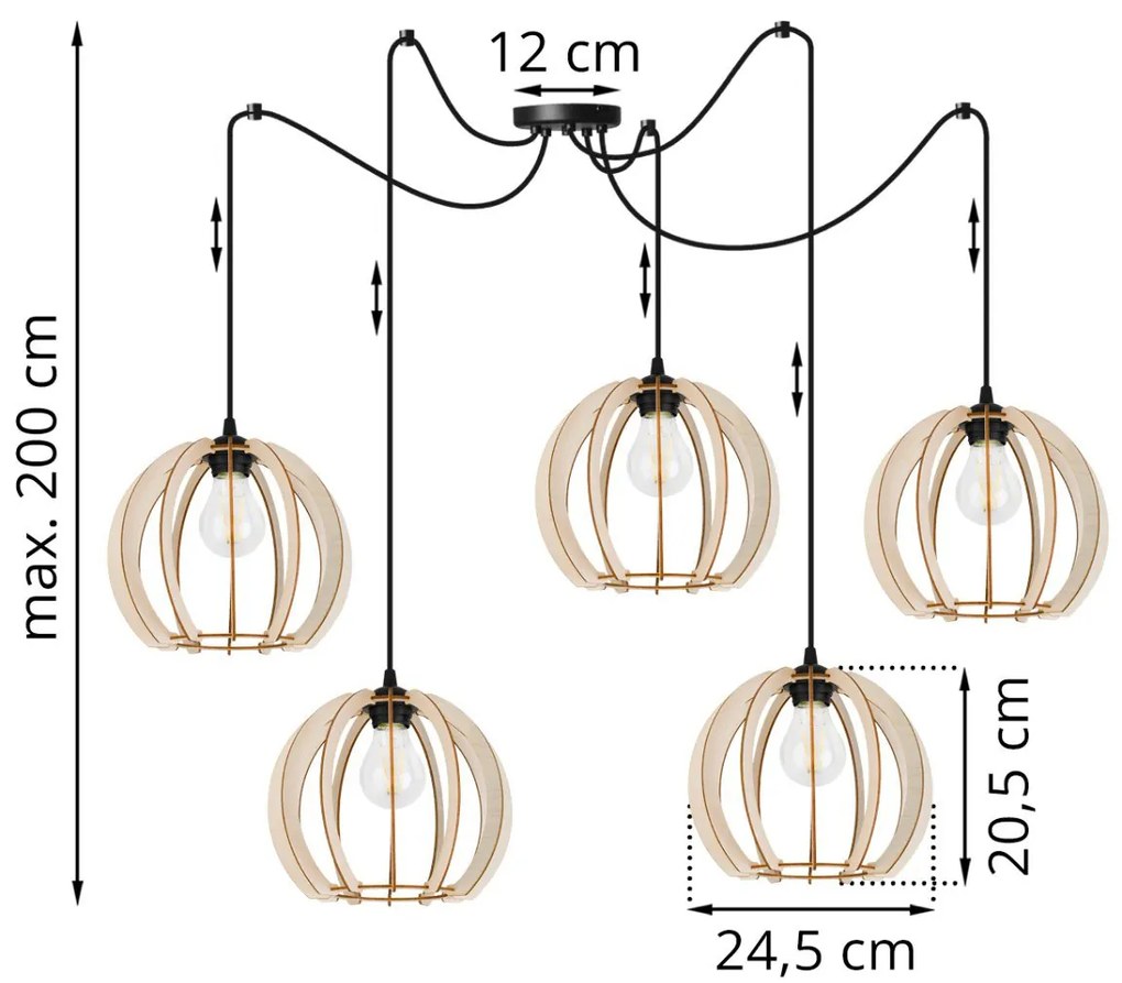 Závěsné svítidlo TIMBER SPIDER 9, 5x dřevěné stínítko