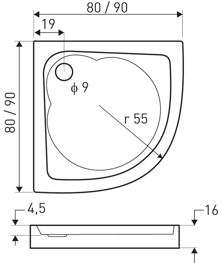 Novoterm Čtvrtkruhová akrylátová sprchová vanička NV-Alan 90x90, bílá