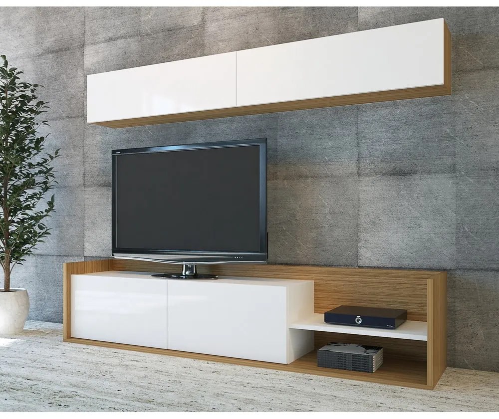 Bílá/přírodní TV sestava v dekoru exotického dřeva 180x40 cm Kale – Kalune Design