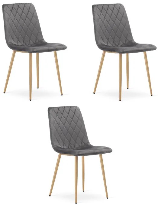 Set tří jídelních židlí TURIN sametové, tmavě šedé / hnědé nohy (3 ks)