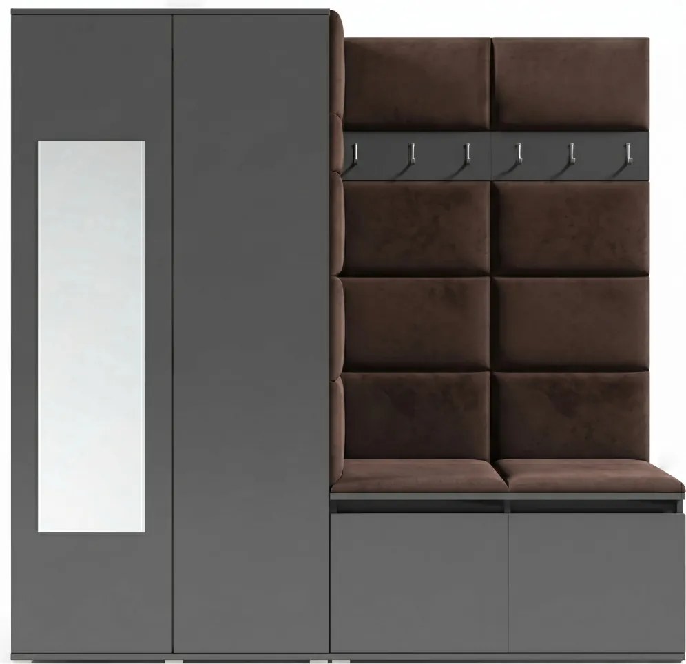 Předsíňová stěna Trinity 8 s čalouněnými panely, 190 cm, grafit/ tmavě hnědá