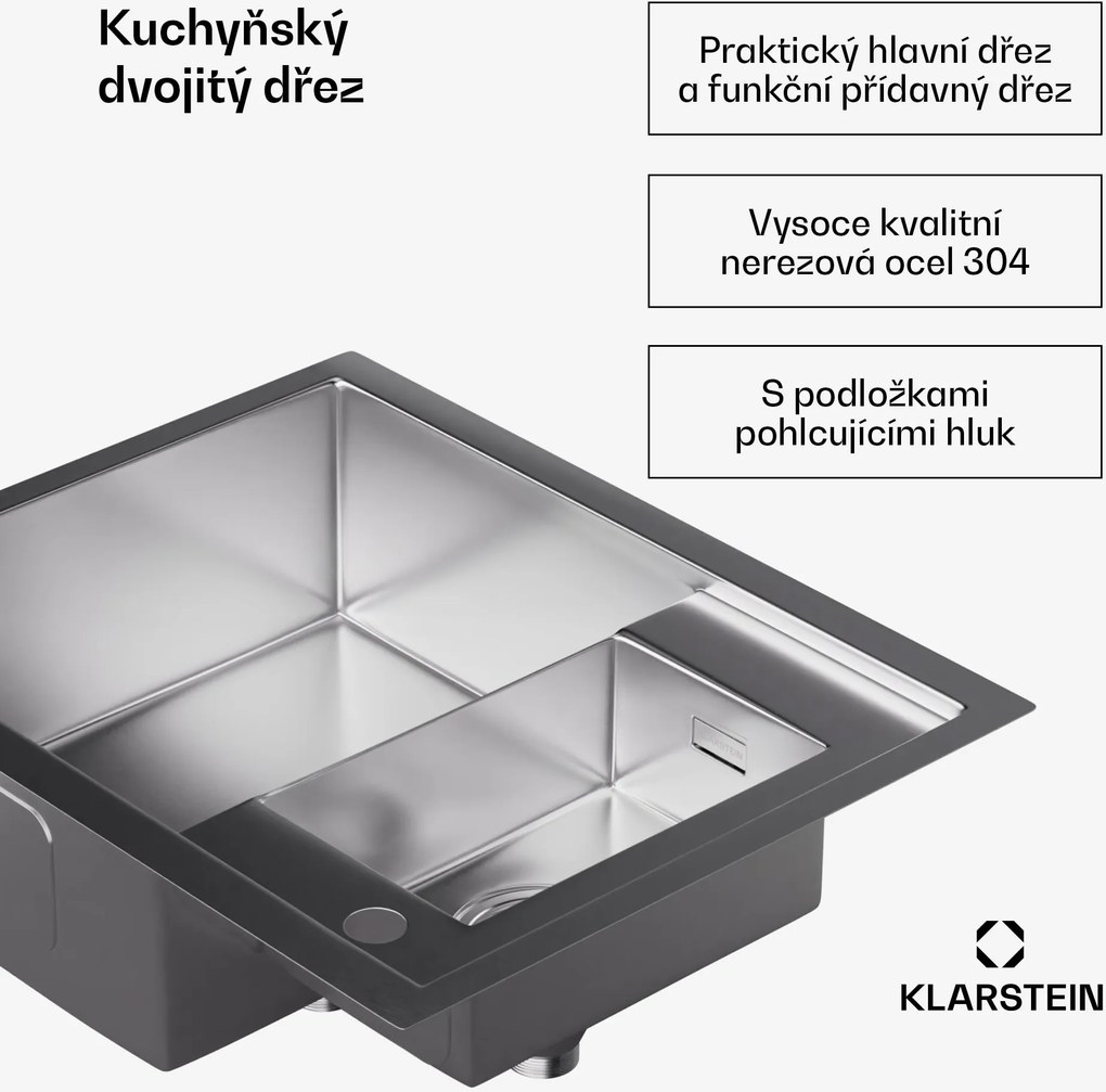 Klarstein TitanSteel kuchyňský dřez, 61 x 50 cm, 2 dřezy, nerezová ocel, žáruvzdorný