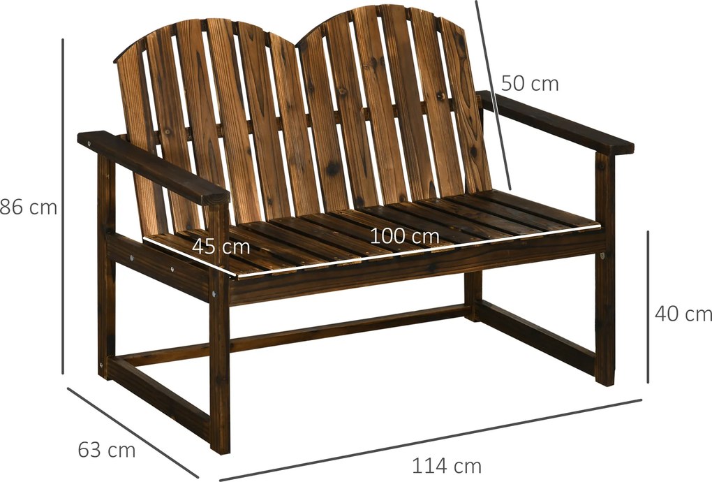 Zahradní lavice Outsunny 2místná dřevěná lavice s opěradlem a područkou, nosnost až 240 kg, pro zahradu a balkon, zuhelnatělá | Aosom.de