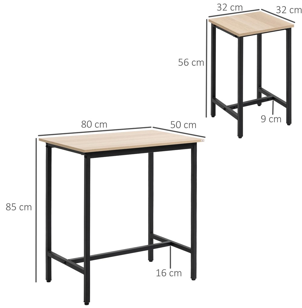 HOMCOM 3dílný jídelní set Jídelní set na balkon a zahradu, ocelový rám a dřevotříska, přírodní vzhled dřeva a černá barva, 80x50x85cm | Aosom.de