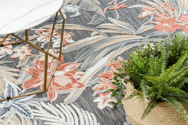 Dywany Łuszczów, Kusový koberec Botanic 65262 flowers black – na ven i na doma, 137x190, vícebarevná, chodba / předsíň