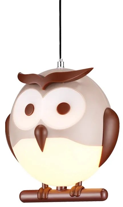 Dětské závěsné svítidlo Owl, 1x hnědé plastové stínítko, br