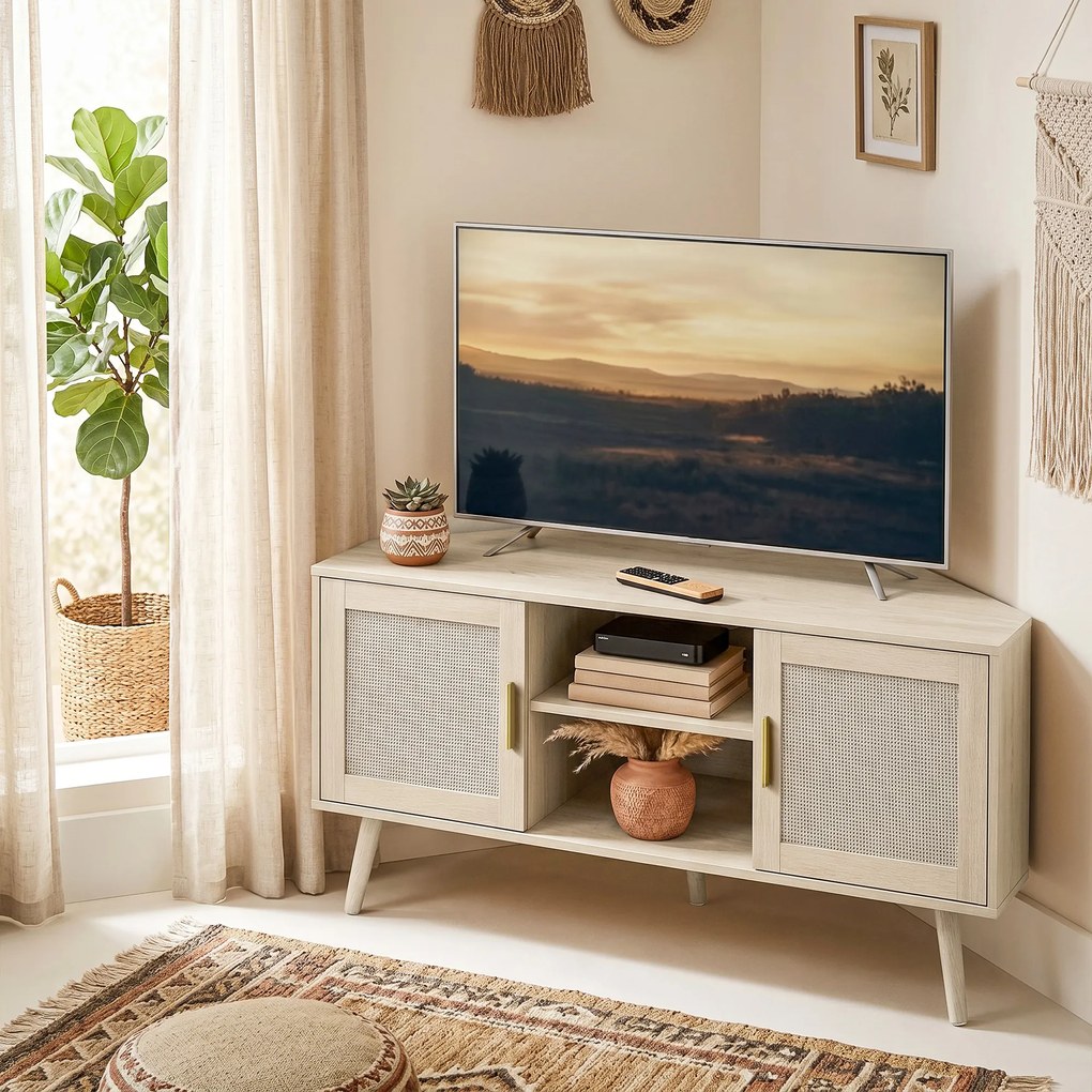 HOMCOM rohový televizní nábytek 115 cm, nábytek pod televizi pro televize až 65 palců, 2 ratanové dveře, 2 přihrádky, dub