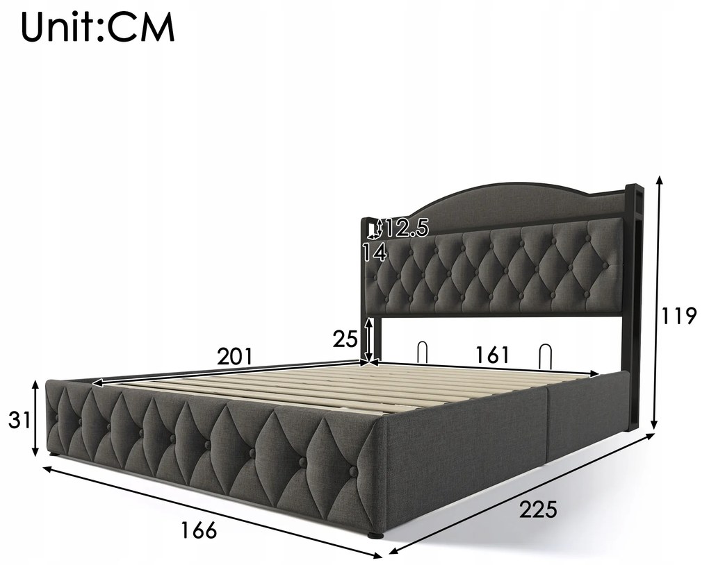 Arhatreya Manželská postel 160x200 úložným prostorem USB+typu C kovový rám