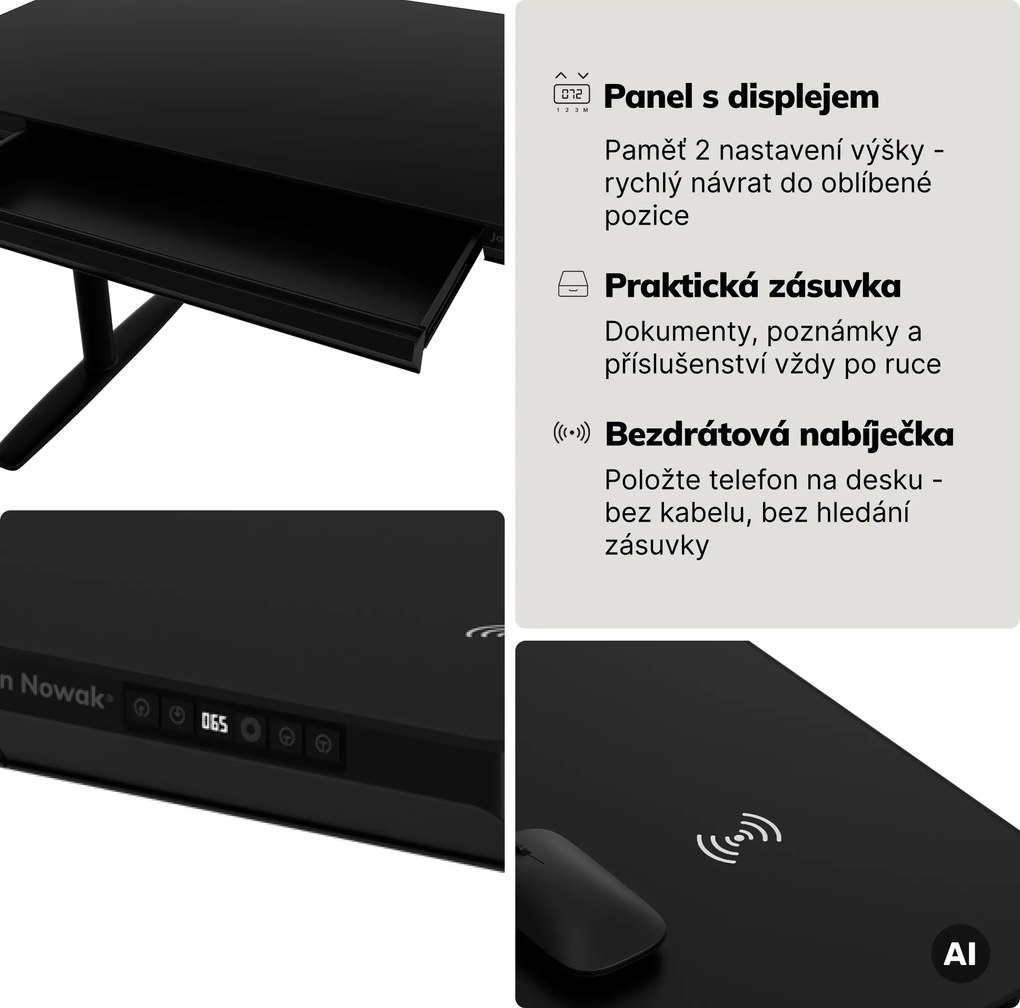 Elektrický psací stůl sit-stand se zásuvkou a bezdrátovou nabíječkou Qi černý, 1600 mm: ELLIS
