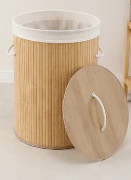 koš na prádlo, objedm 45 l, s víkem, bambus/látka, 50x35x35 cm, přírodní/krémová, Dekorino KP20260032