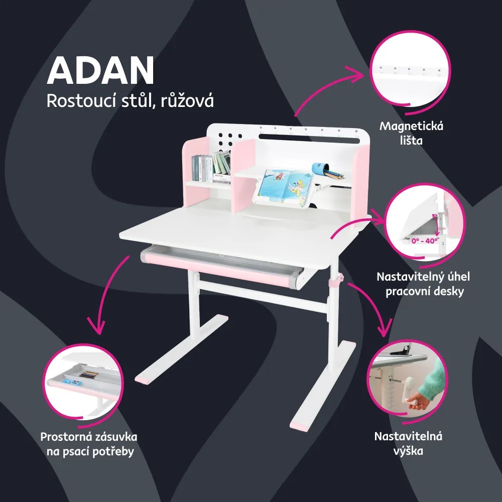 Rostoucí psací stůl, růžová/bílá, ADAN