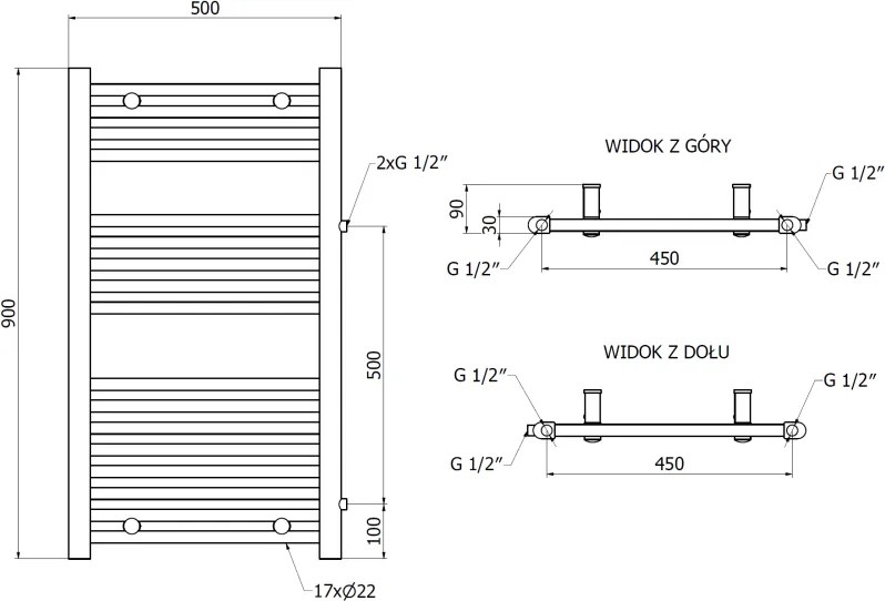 Mexen Mars, topné těleso 900 x 500 mm, 370 W, boční pravé a spodní připojení, bílá, W110-0900-500-00-20-S