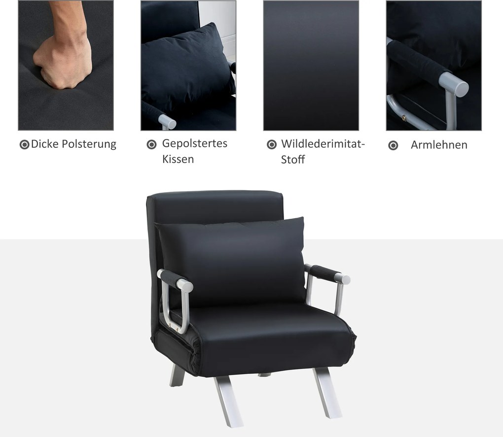 HOMCOM Rozkládací pohovka 2 v 1 s nastavitelným opěradlem 65L x 77W x 80H cm, snímatelný potah, polštáře, robustní a nerezavějící, polyester černá | …