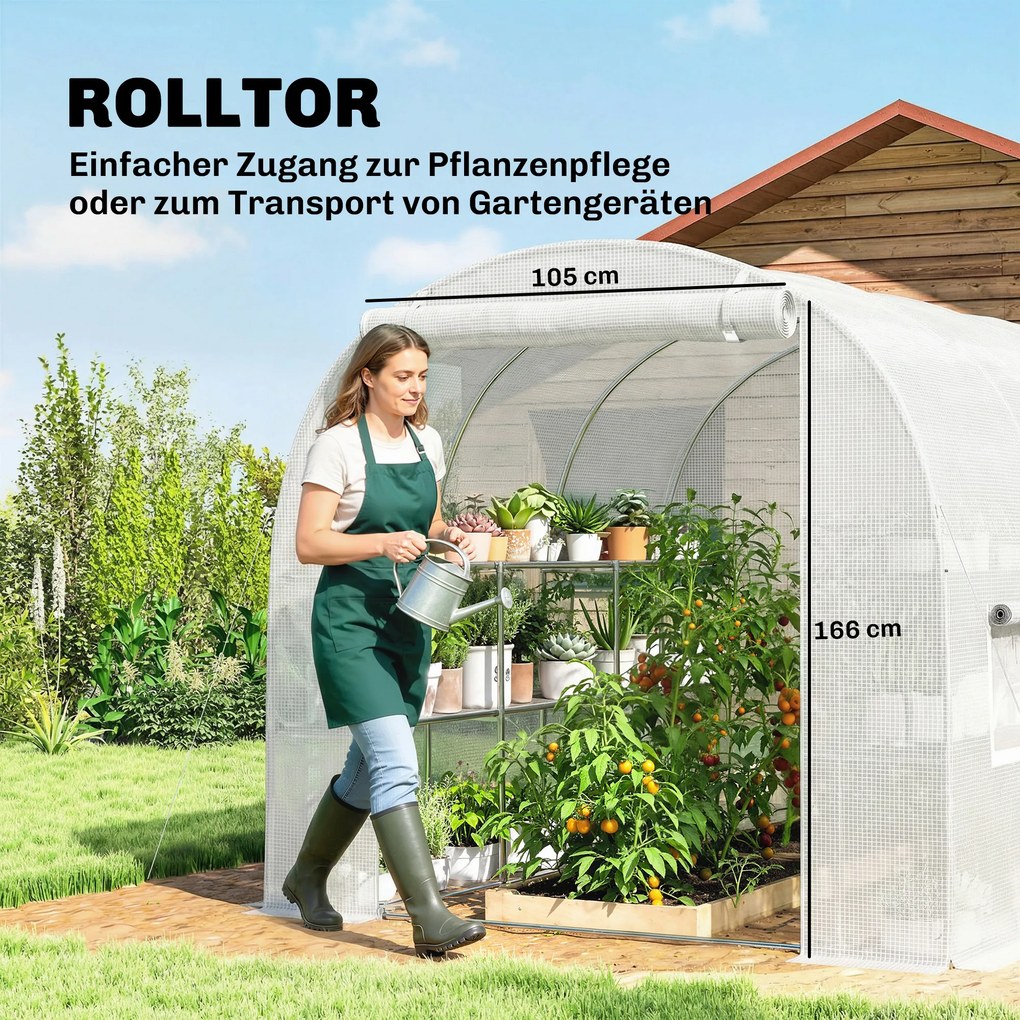 Outsunny Skleník o rozměrech cca 2,7 x 2 m Fóliový skleník s policemi Rolovací dveře na zip 6 oken se síťovinou Nosné tyče 84H-542V00WT