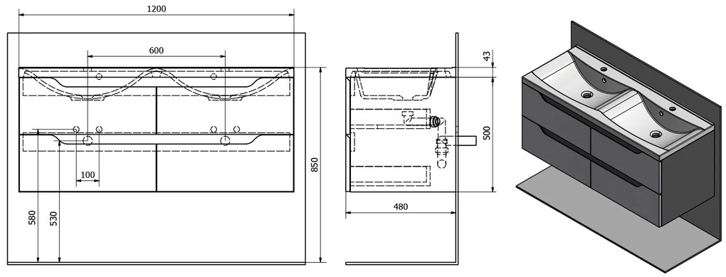 Sapho, WAVE dvouumyvadlová skříňka 119,7x50x47,8cm, bílá (WA121), WA120-3030