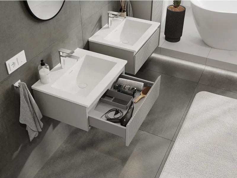 Mexen Rivel, koupelnová skříňka 60 cm s umyvadlem Otis, 1 zásuvka, drážkovaná, šedá matná/bílá, 91A20-06023-1-BF62-W18M01