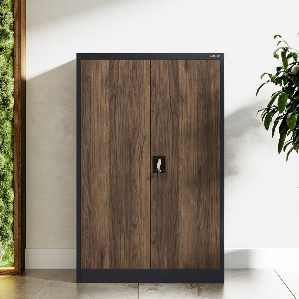 Nízká kovová kancelářská skříň se 3 policemi, antracit/ořech, 900x1400x400 mm: KEVIN Eco Design