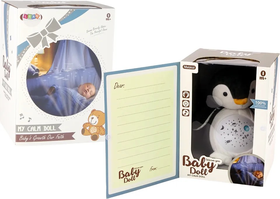 LEAN Toys Plyšový medvídek, který uspává – světla, zvuky, noční a denní režim – tučňák
