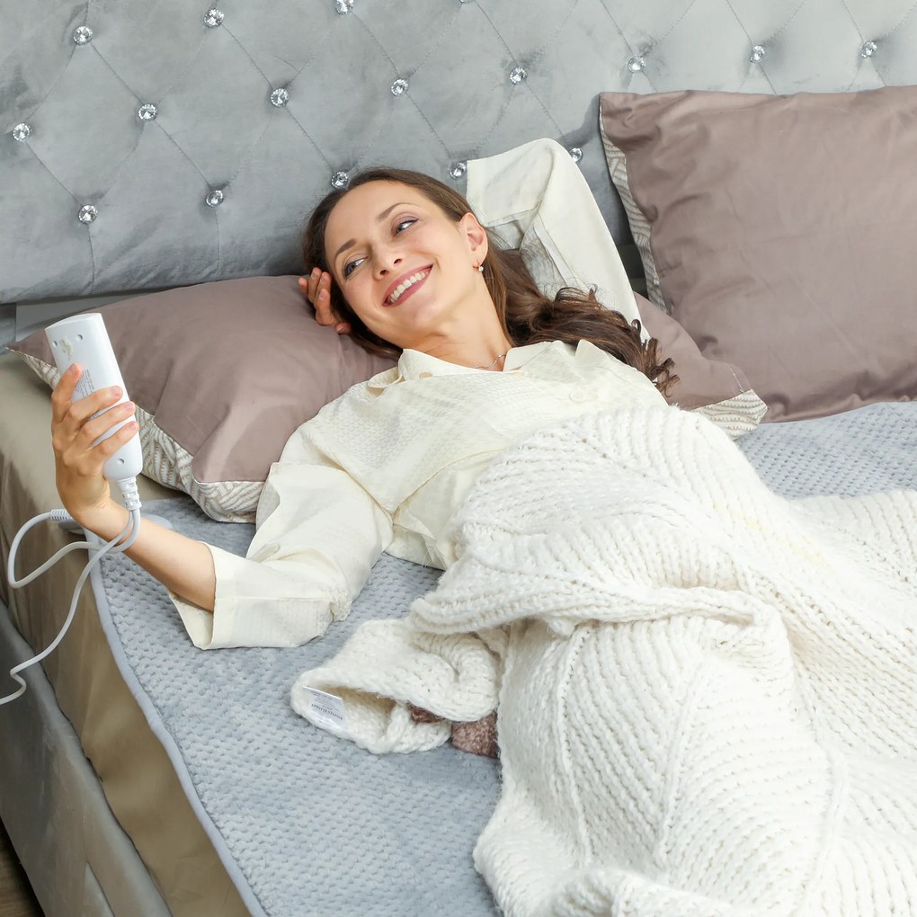 HOMCOM Elektrická deka 160x140 cm s 5 stupni vytápění a 2 dálkovými ovladači, z fleecu a polyesteru, šedá