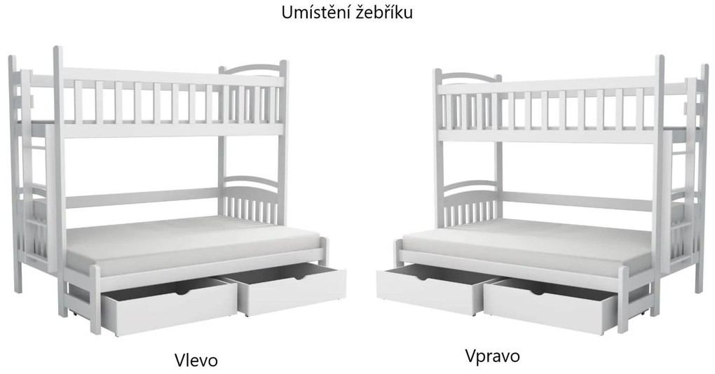 Dětská patrová postel z masivu borovice s rozšířeným spodním lůžkem LUKÁŠ se šuplíky - 200x90/140 cm - BÍLÁ