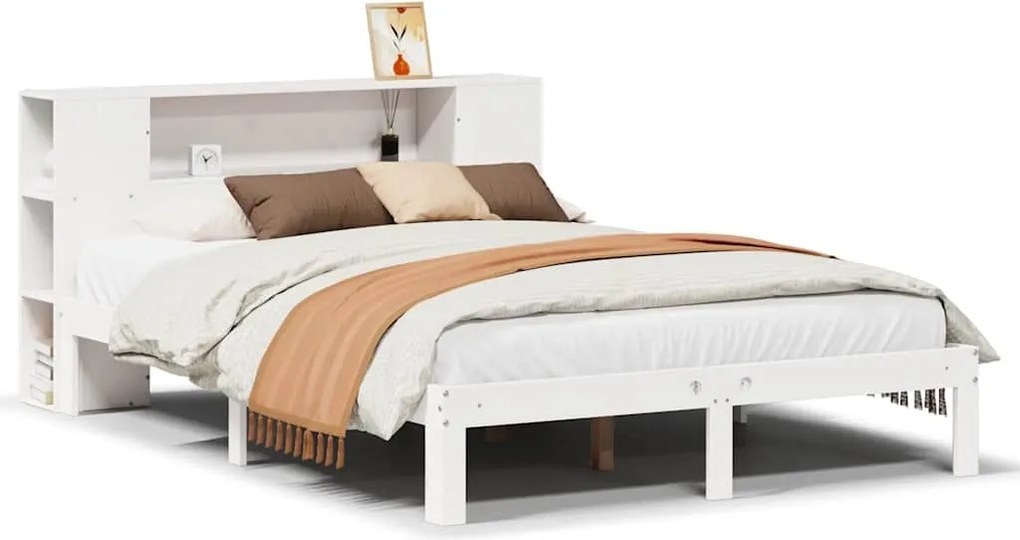 Postel s knihovnou bez matrace bílá 135x190 cm masivní borovice 3322510