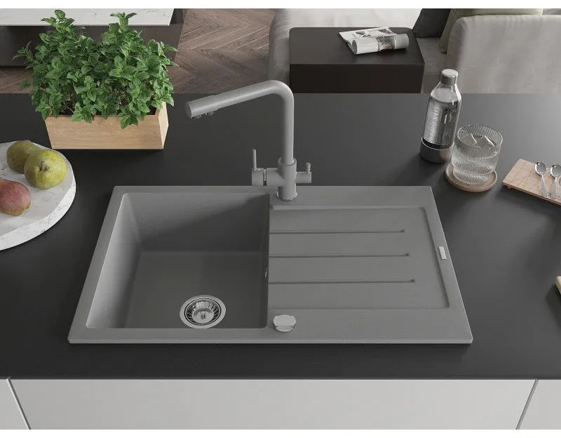 Mexen Bruno, 1-komorový granitový dřez s odkapávačem 795x495x200 mm a šedá baterie Duero, šedá, 6513-71-671600-71