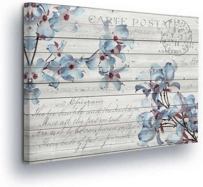 GLIX Obraz na plátně - Bílé Dřevo s Modrými Květinkami 80x60 cm