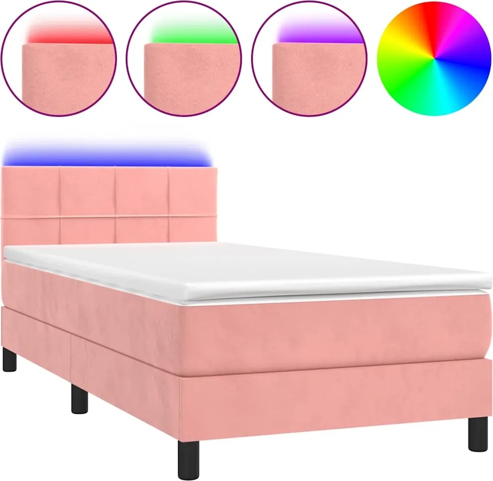 Box spring postel s matrací a LED růžová 90x200 cm samet 3134386
