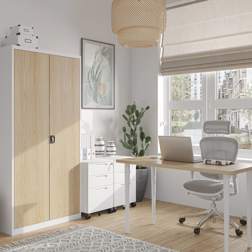 Vysoká kovová kancelářská skříň na dokumenty, bílá/dub sonoma, 900x1950x400 mm: JAN H Eco Design