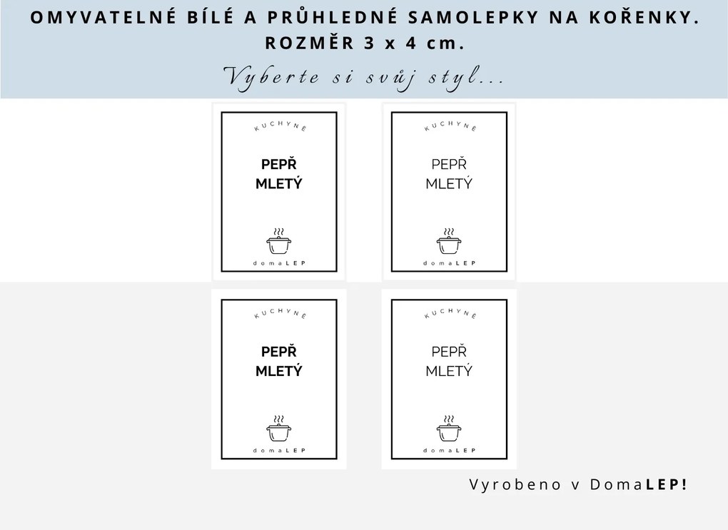 PEPŘ MLETÝ - Samolepka na kořenky 3 x 4 cm - DomaLEP varianta: PRŮHLEDNÁ - základní písmo