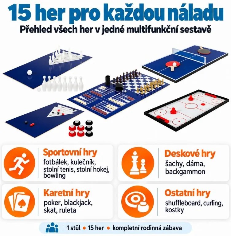 Multifunkční herní stůl 15 v 1, černý