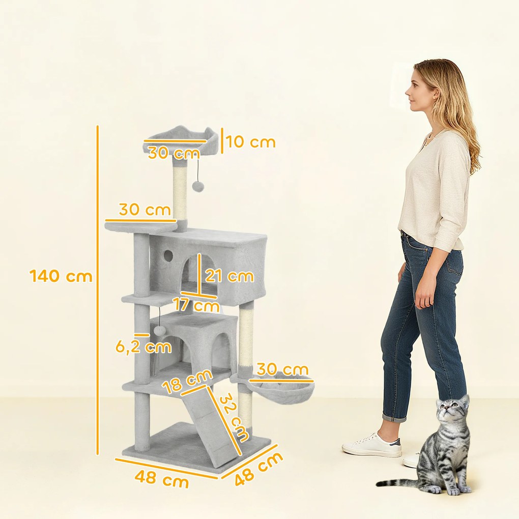 PawHut Kočičí škrabadlo 140 cm, strom pro kočky, pelíšky, hamaka, sisalové sloupky, více úrovní, světle šedé