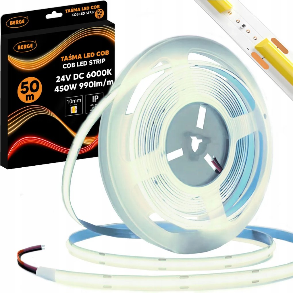 BERGE LED pásek COB Neon 24V - 480D - 9W/m - IP20 - 990lm - 50m - studená barva