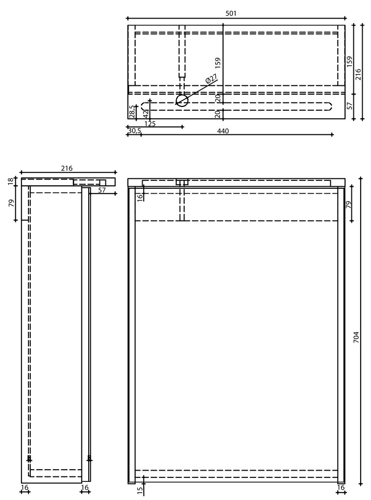 Aqualine KAWA STRIP galerka s LED osvětlením 50x70x22cm, bílá WGL50S