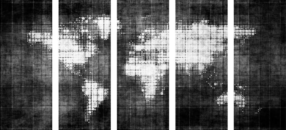 5-dílný obraz svět na mapě v černobílém provedení - 200x100 cm
