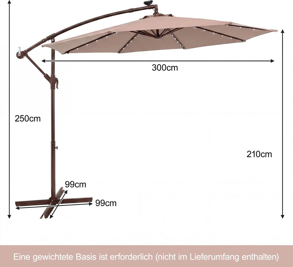 Costway Slunečník s 40 solárními LED světly a klikou světle, světle hnědá