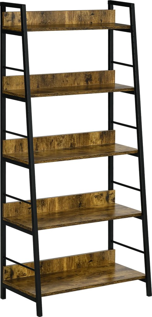 HOMCOM Knihovna v industriálním stylu, nakloněná, 5 polic, 70L x 35W x 150H cm