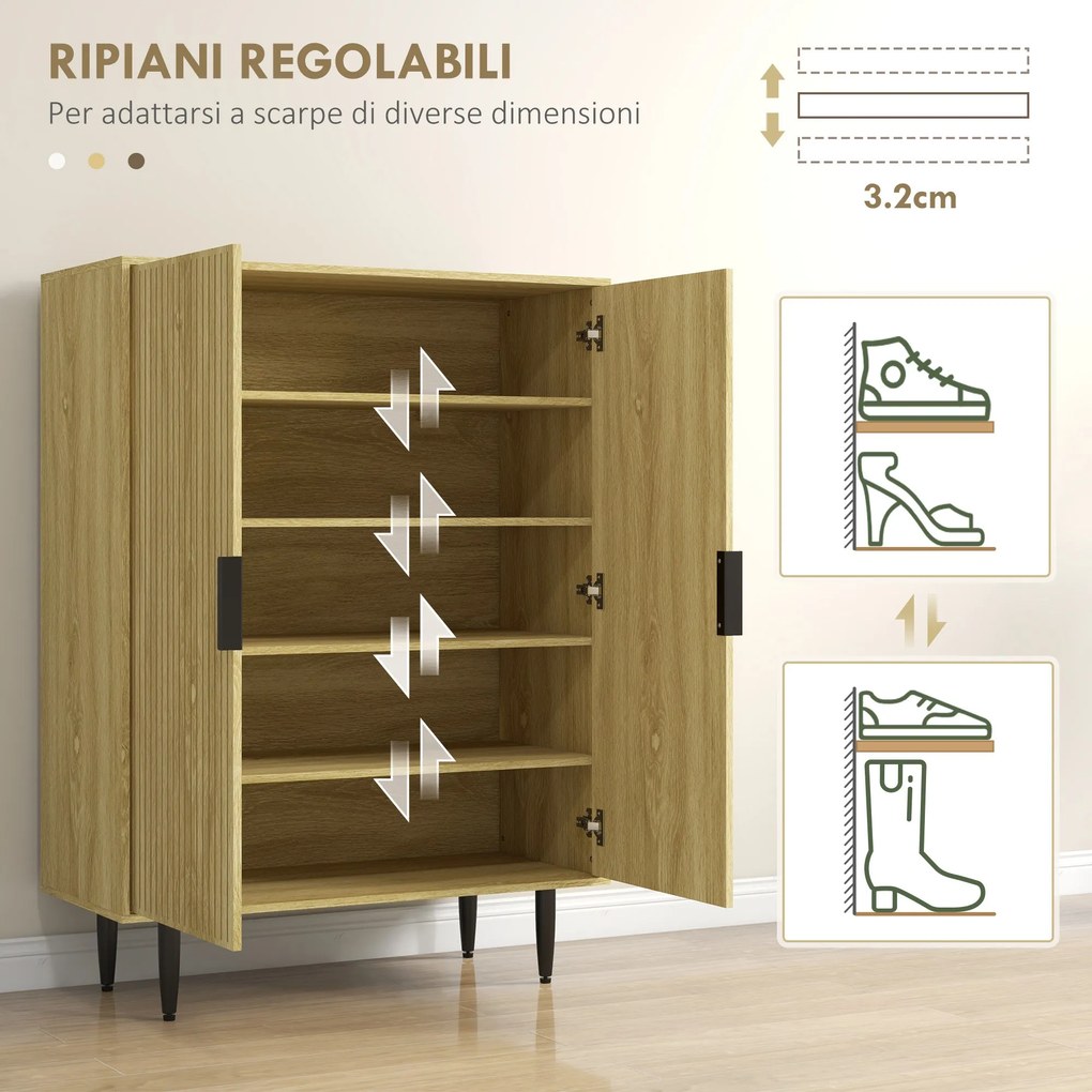 HOMCOM Úložný regál na obuv na 15 párů bot, regál do předsíně s 4 nastavitelnými policemi a kovovými nohami, 80x38x110cm, Dub