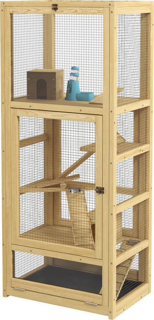 Klec pro křečka nebo myš PawHut, dřevěná pro malá zvířata, 5 úrovní s žebříkem, domeček, houpačka, odnímatelný tác, dávkovač vody, 54 x 38 x 131 cm, …
