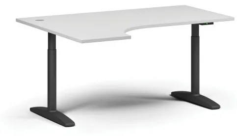 Výškově nastavitelný stůl OBOL, elektrický, 675-1325 mm, rohový levý, deska 1600x1200 mm, černá zaoblená podnož, bílá