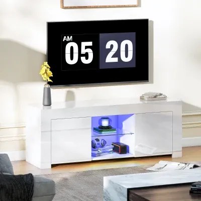 HOMCOM TV skříňka s LED osvětlením, 2 dveře skříně, skleněná police, otvory pro kabely, do obývacího pokoje, dřevotříska, bílá