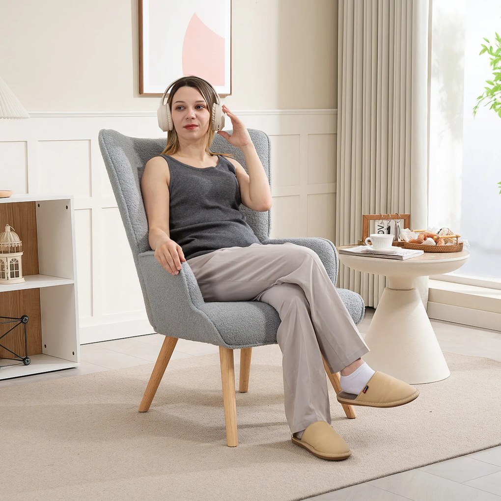 HOMCOM Křeslo s Boucle Potahem, Moderní Čalouněné Křeslo se Dřevěnými Nohy, Ergonomické Opěradlo a Područky, pro Jídelnu, Obývací Pokoj, Ložnici, Kan…