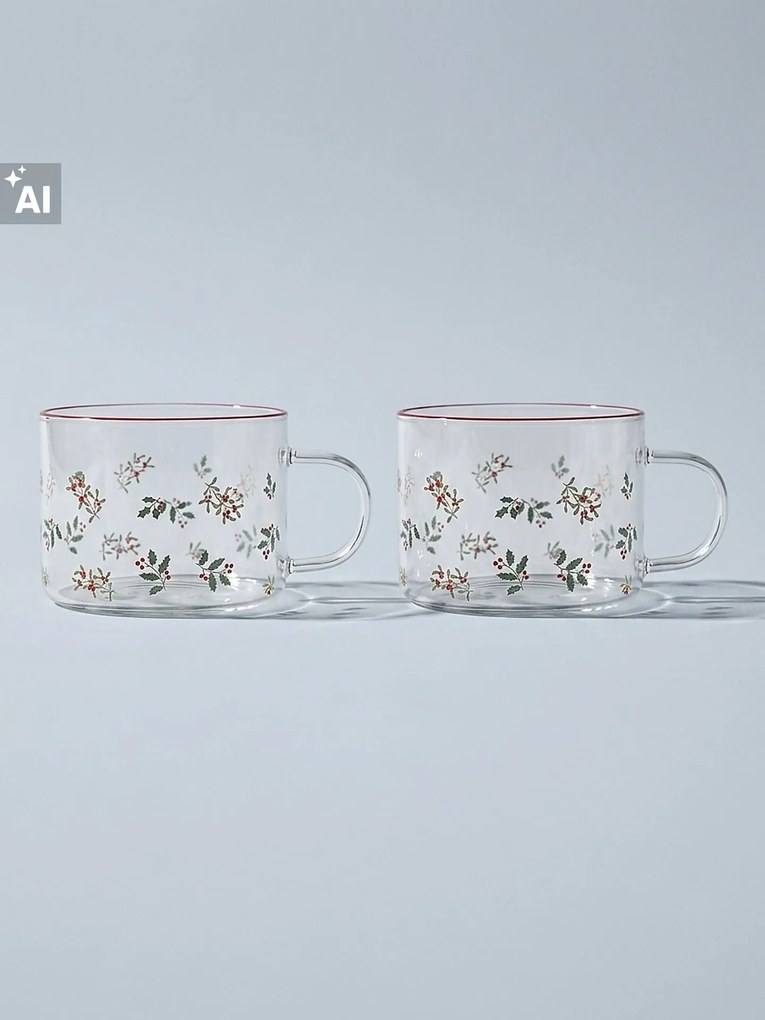 Sinsay - Vánoční skleněné hrnky s potiskem cesmíny a větviček 2 pack - clear