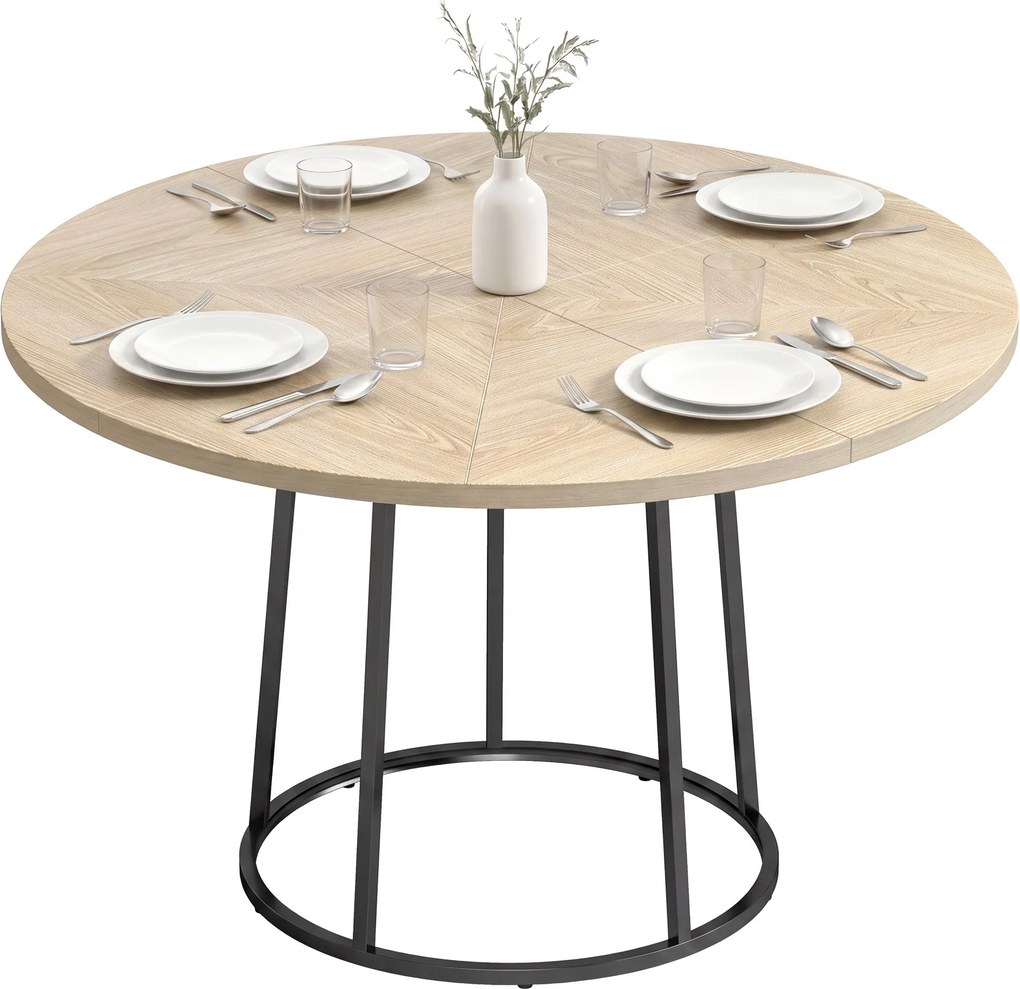 HOMCOM Kulatý jídelní stůl pro 4–6 osob, Ø 120 x 75 cm, kuchyňský stůl s kuželovou kovovou konstrukcí, přírodní dřevo