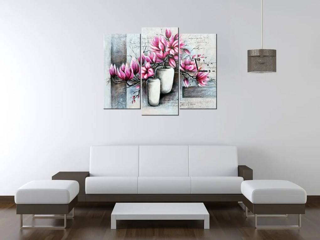 Gario Obraz s hodinami Růžové magnolie ve váze - 3 dílný Rozměry: 100 x 70 cm